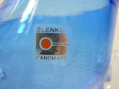 Blenko Art Glass Pinch/Pinched Crackled/Crackle Blue Pitcher/Jug/Vase w ...